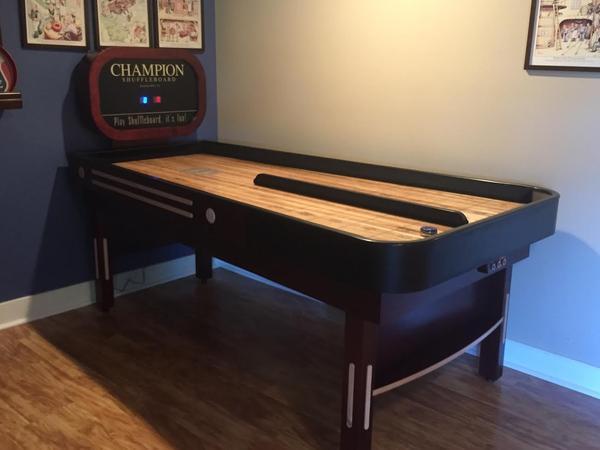 Champion 7' Bank Shot Shuffleboard Table w/Custom Stains — Luxe Game Tables